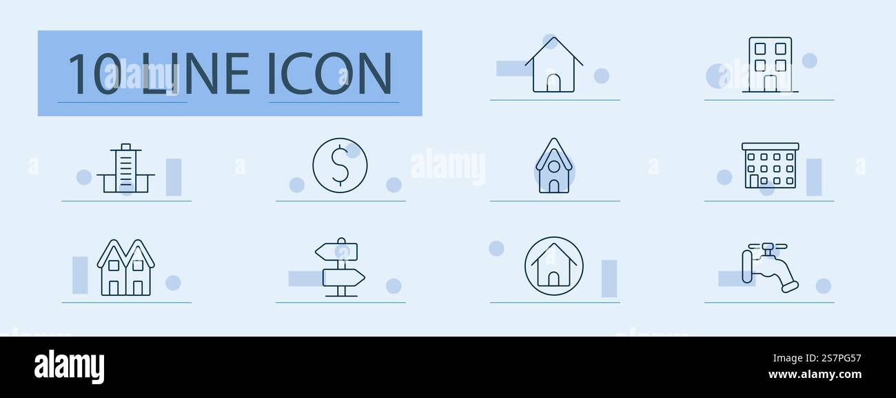 Real estate and housing set icon. House, apartment, skyscraper, dollar ...