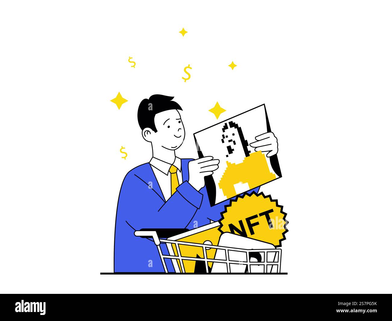 NFT token concept with character situation. Man collector buys unique ...