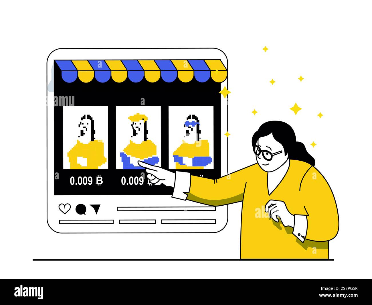 NFT token concept with character situation. Woman chooses and investing ...