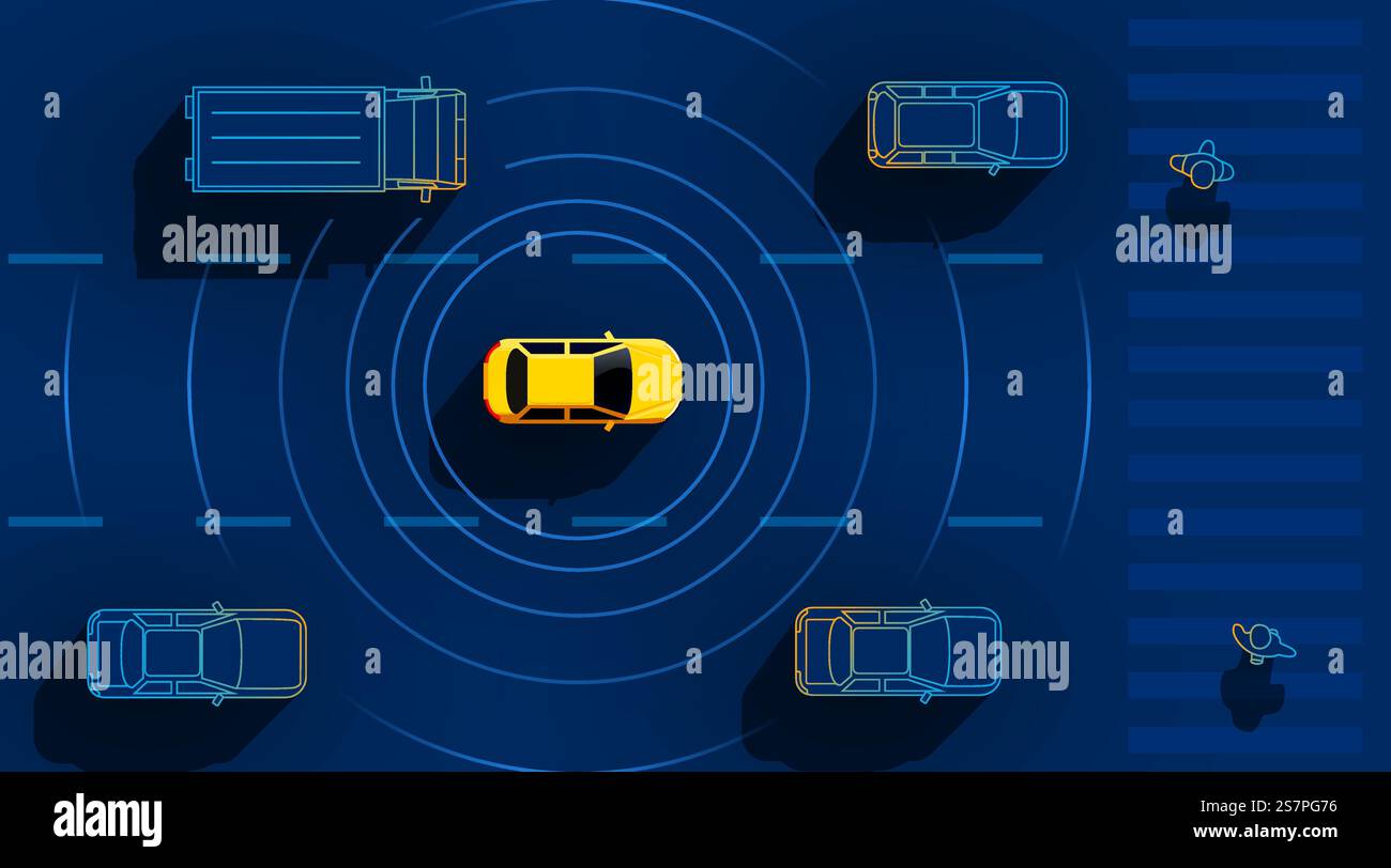Car with autopilot moves along the road. The concept of the future and ...