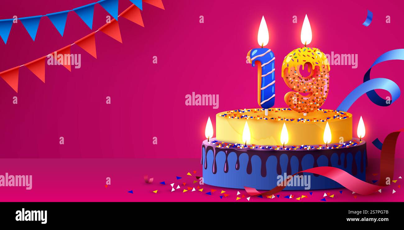 19 years anniversary. Cake with burning candles and confetti. Birthday ...
