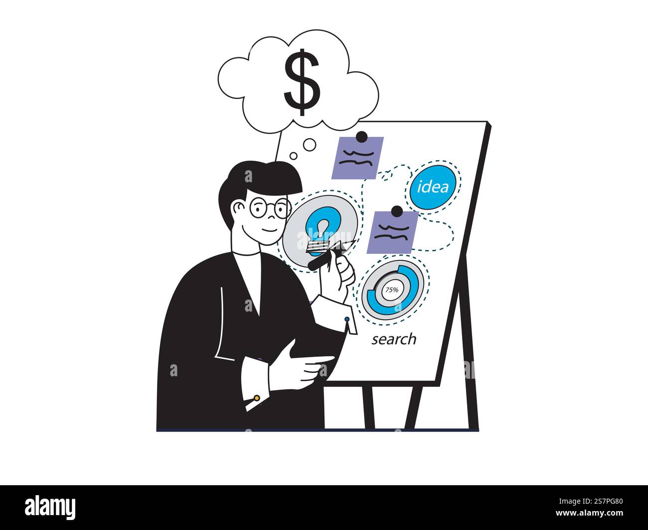 Startup concept with character situation. Businessman creates ...