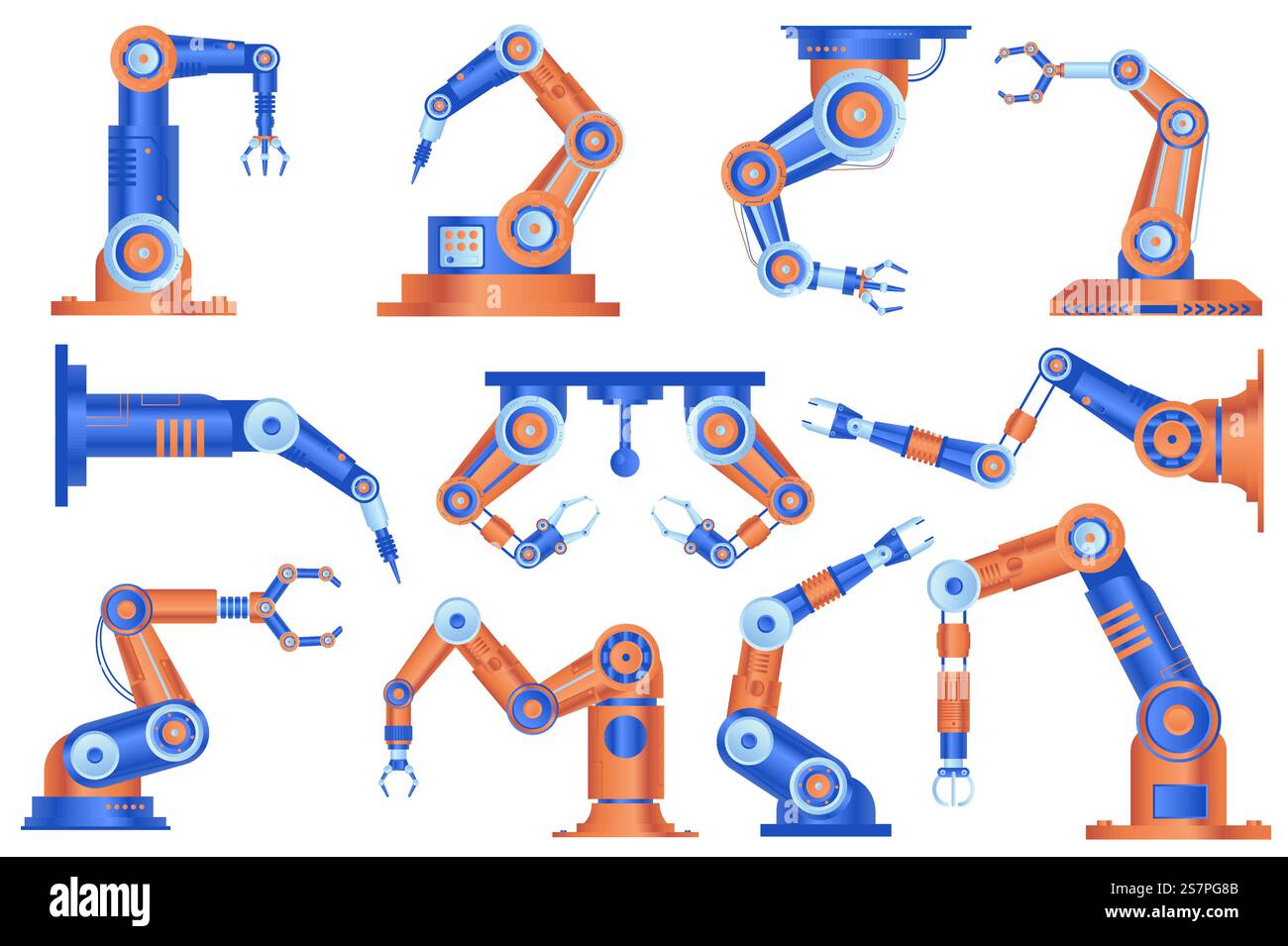 Industrial robot arms set graphic elements in flat design. Bundle of automatic robotic ...