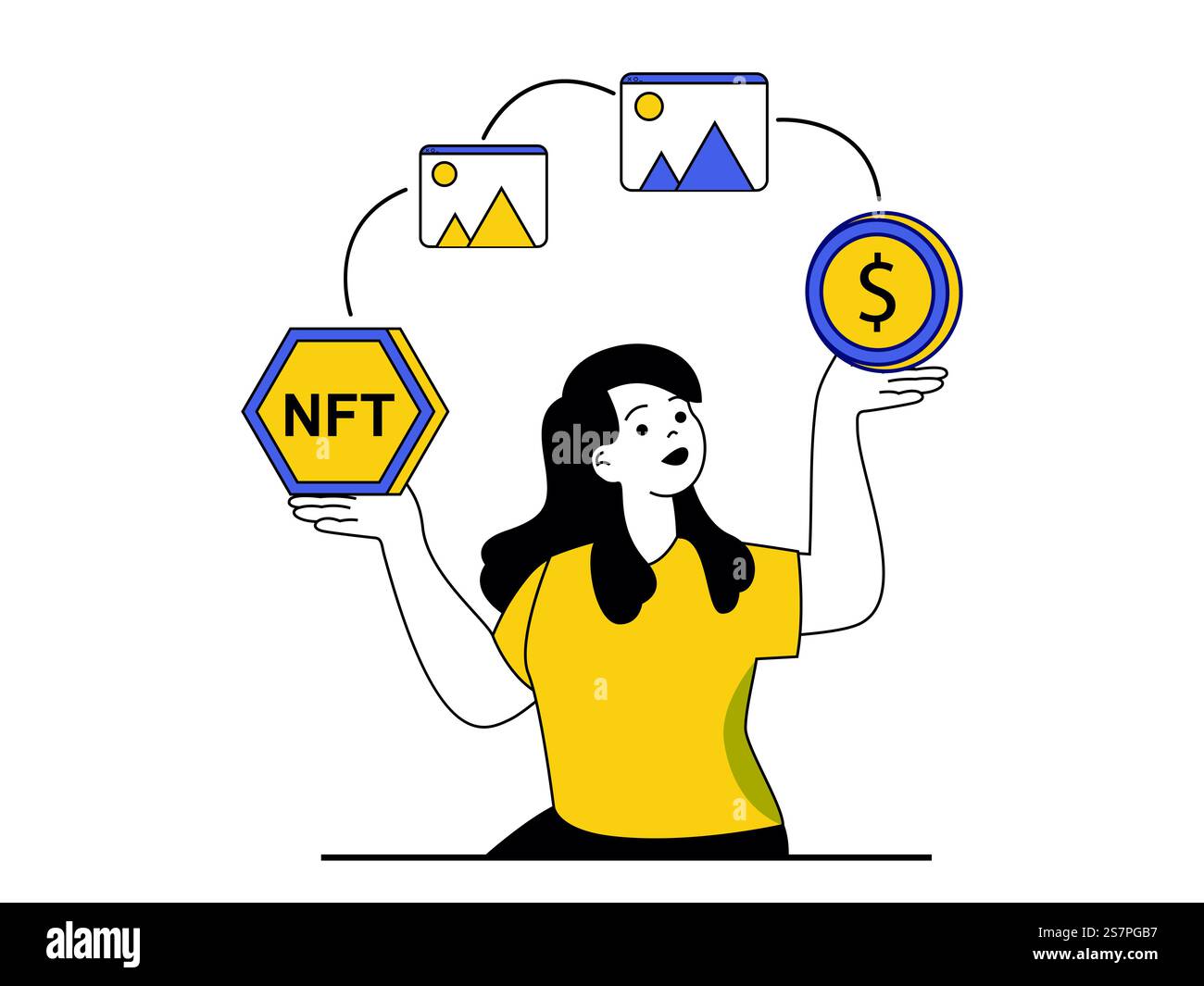 NFT token concept with character situation. Woman makes online ...