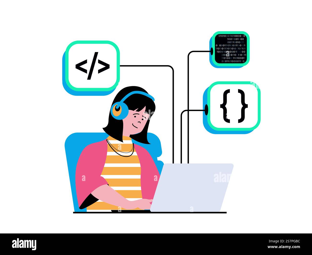 Programming Software Concept With Character Situation Woman Working With Program Code Finding