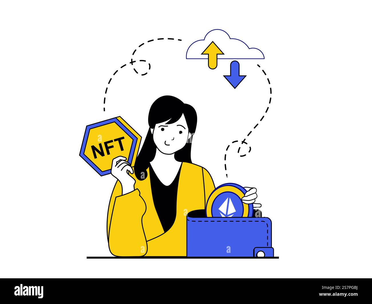NFT token concept with character situation. Woman making crypto ...
