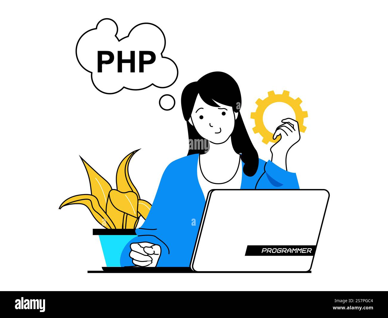 Web development concept with character situation. Woman working with program code at laptop ...