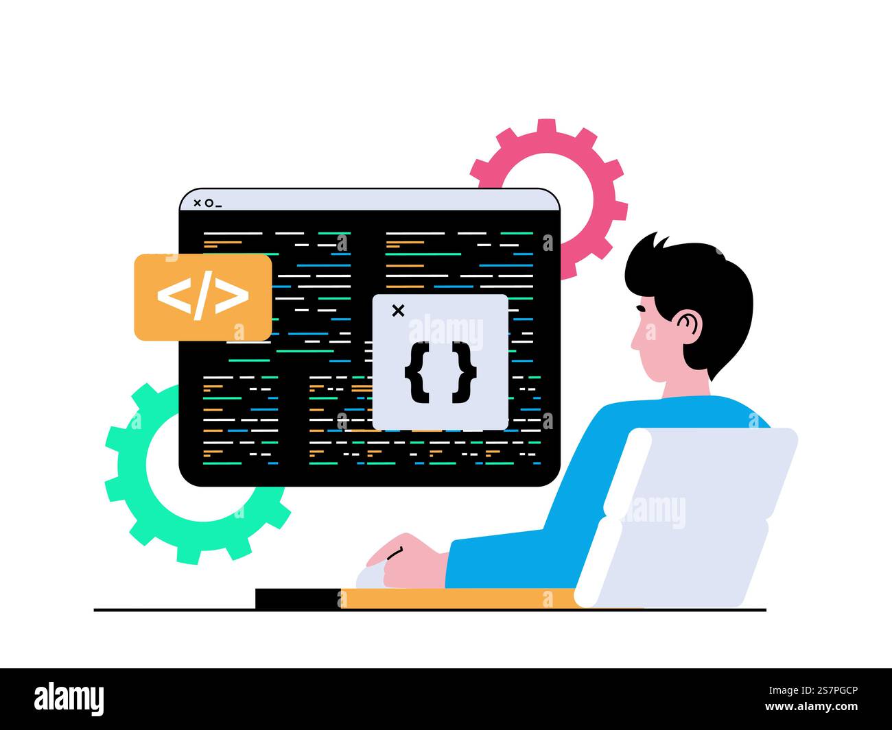 Programming software concept with character situation. Man works at ...