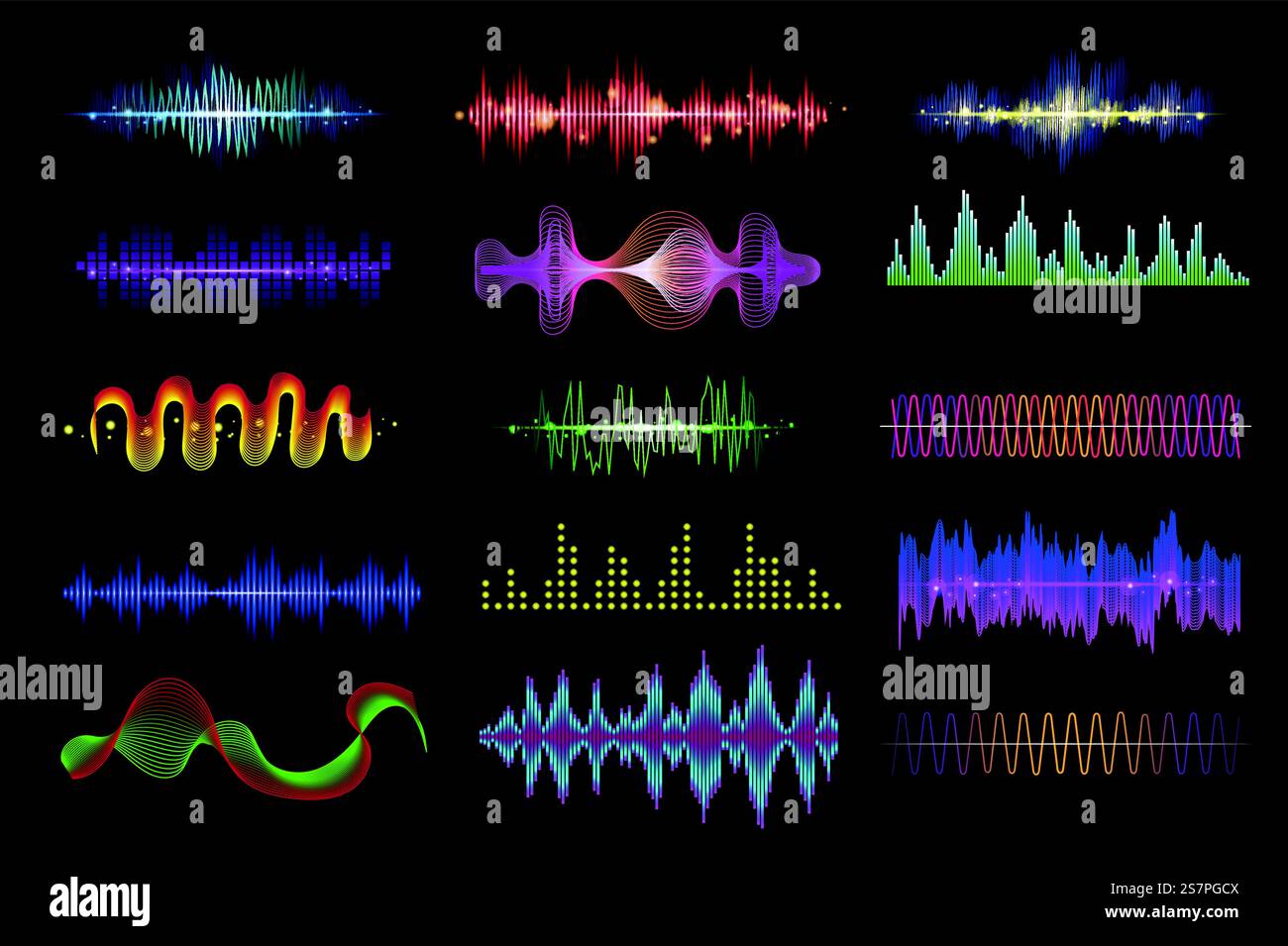 Sound waves set in cartoon design. Bundle of different shapes of ...