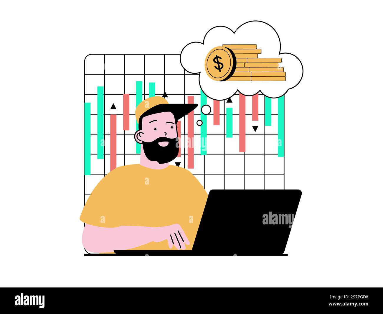 Stock trading concept with character situation. Man earns money trading stocks on exchange ...