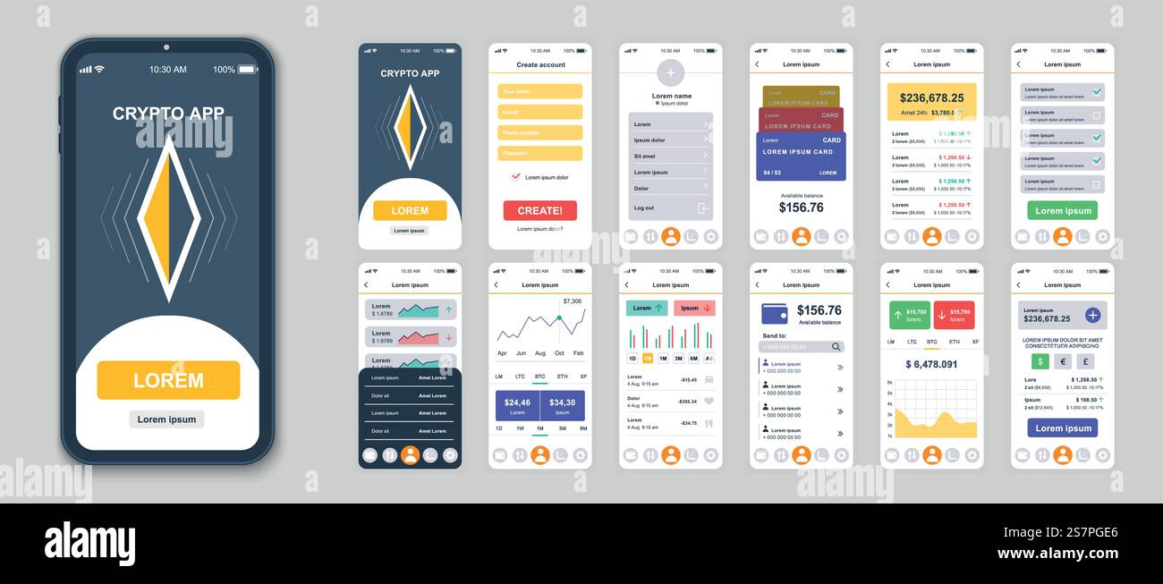 Set of UI, UX, GUI screens Cryptocurrency app flat design template for ...