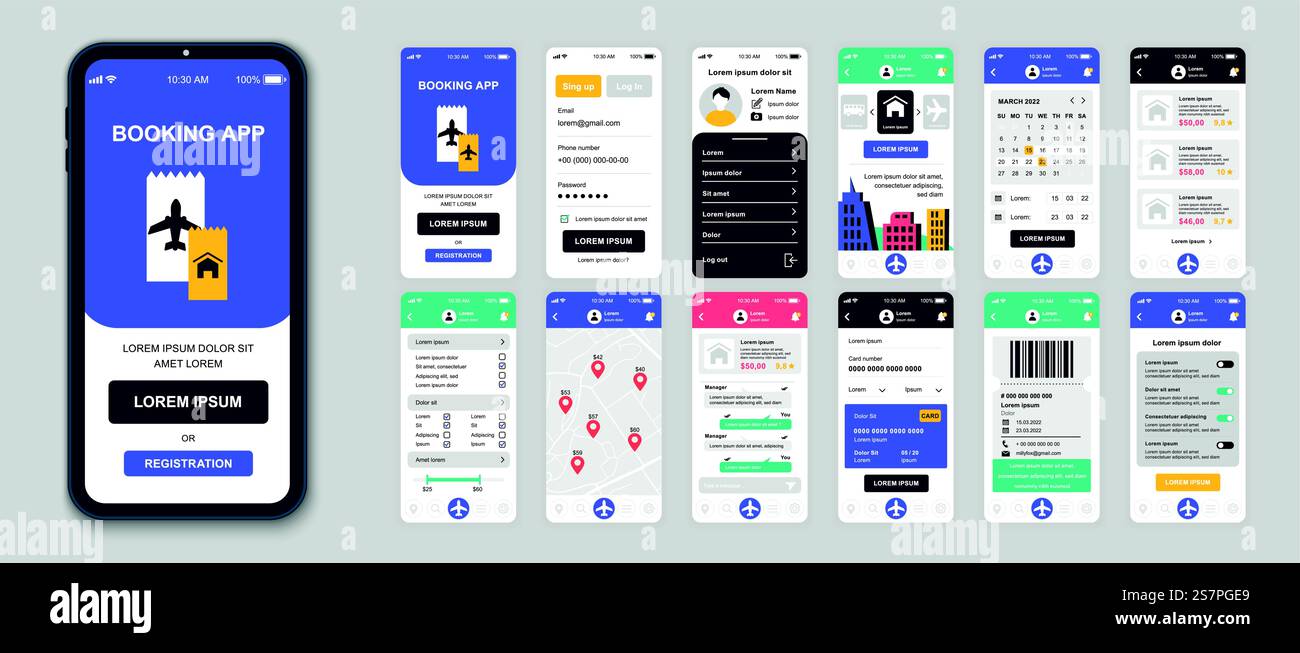 Set of UI, UX, GUI screens Booking app flat design template for mobile apps, responsive website ...