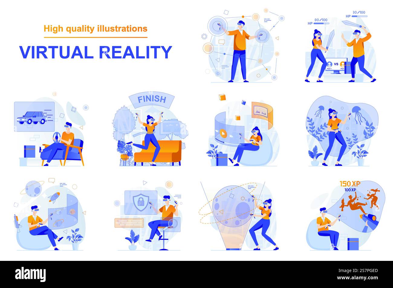 Virtual reality web concept with people scenes set in flat style ...