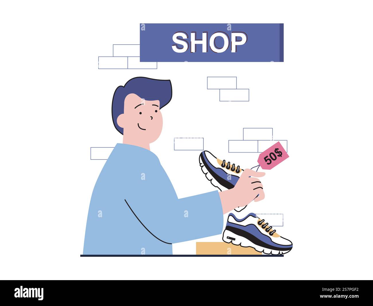Shopping concept with character situation. Customer buys sneakers in ...