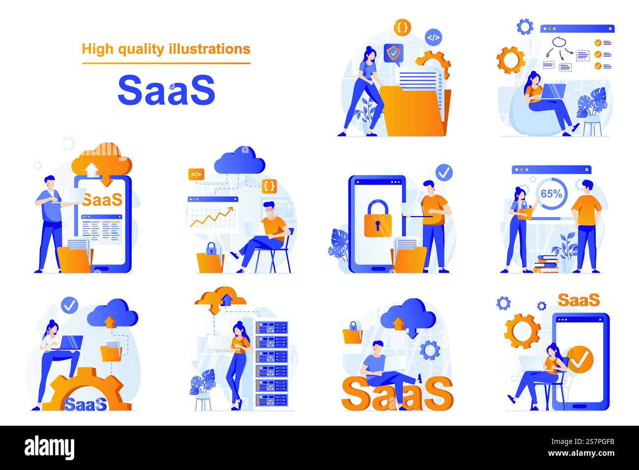 SaaS web concept with people scenes set in flat style. Bundle of using ...