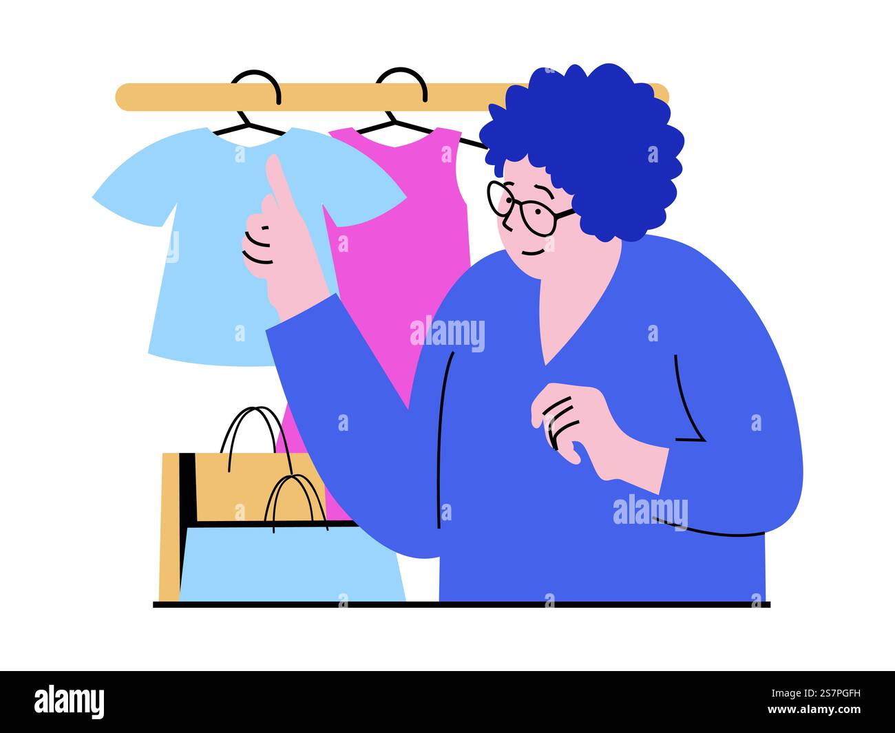 Shopping concept with character situation. Woman chooses new clothes ...