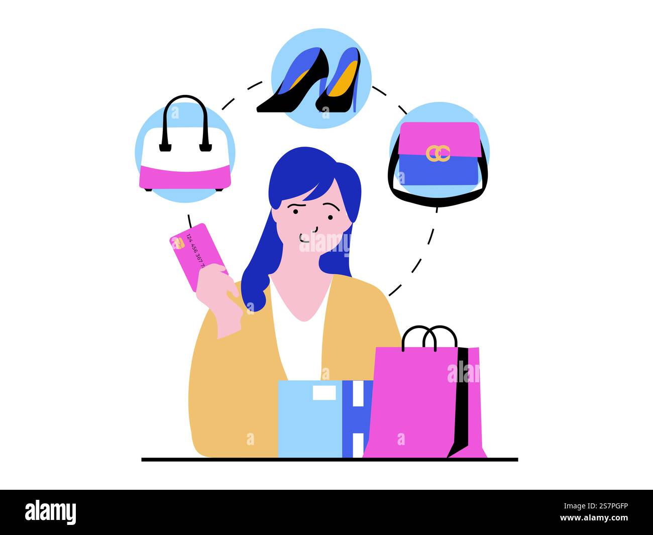 Shopping concept with character situation. Woman choosing new clothes ...