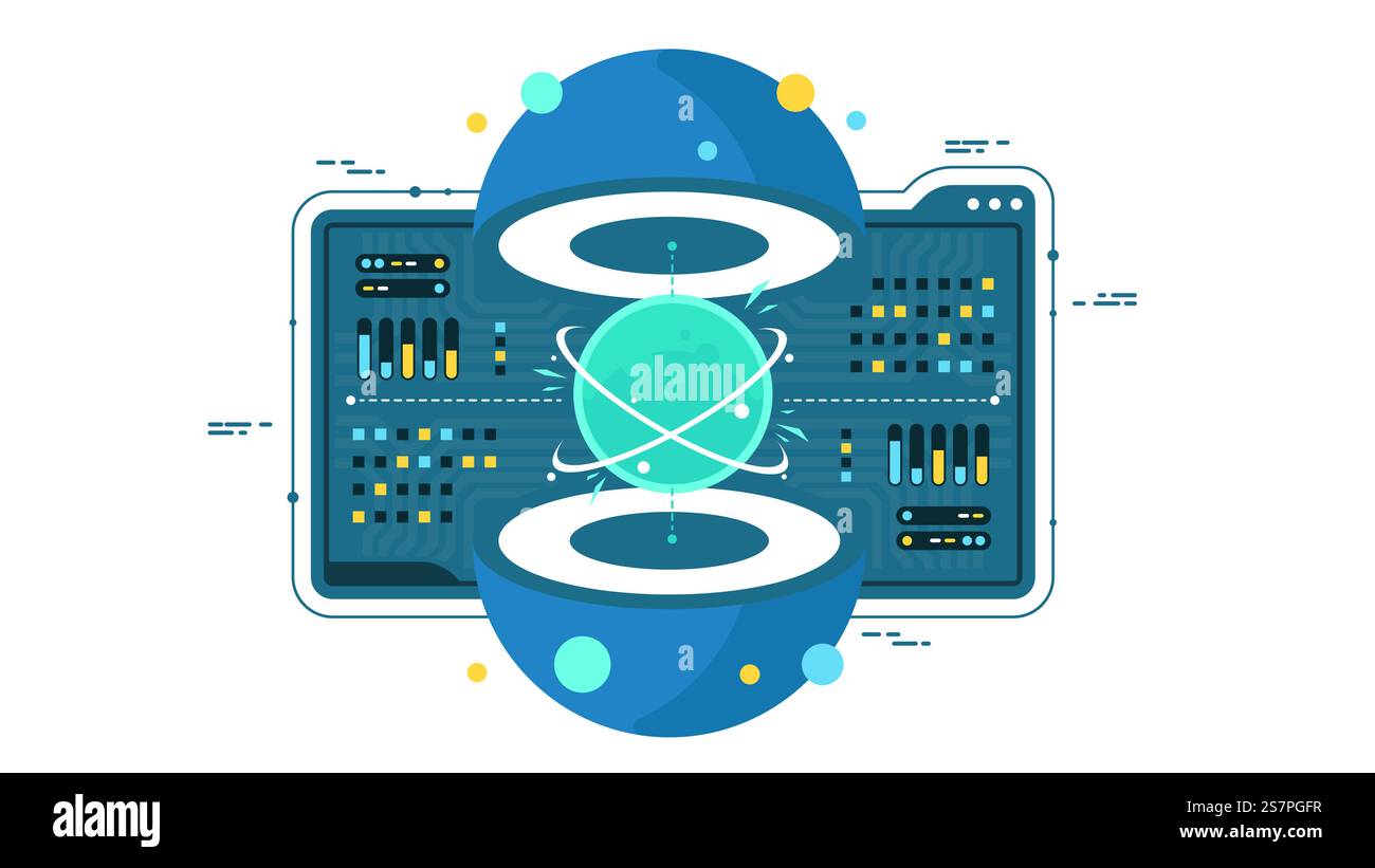 Technology infographic design for quantum computer. Blockchain server concept, server room ...