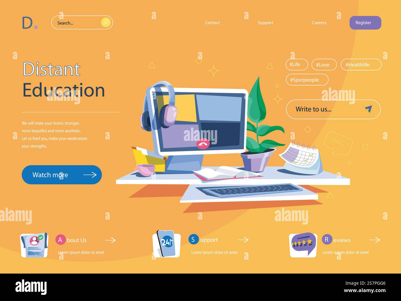 Distant education concept in flat cartoon design for homepage layout ...