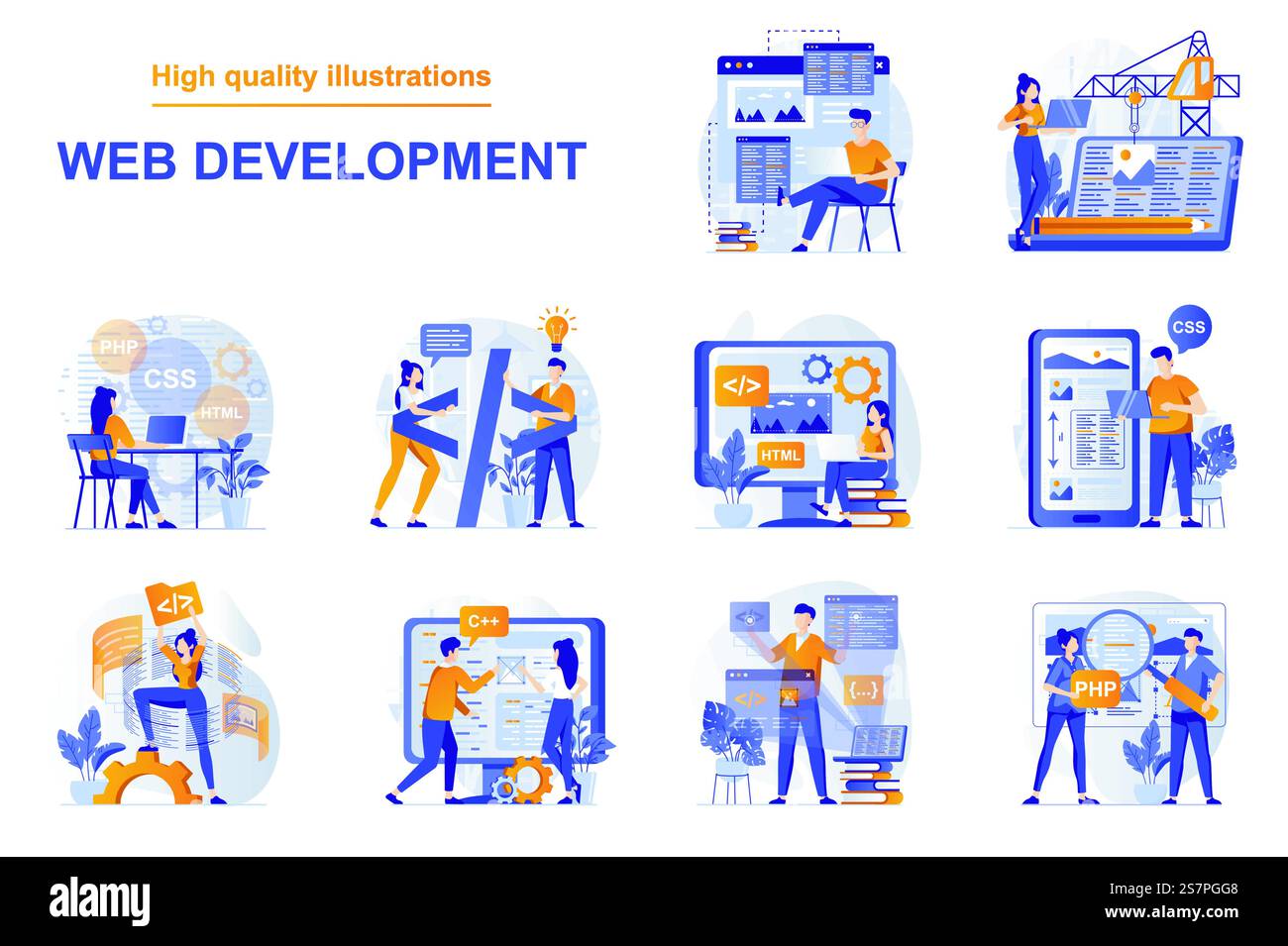 Web development concept with people scenes set in flat style. Bundle of designers working and ...