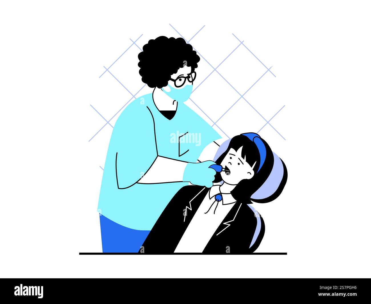 Medical concept with character situation. Dentist examines patient oral ...