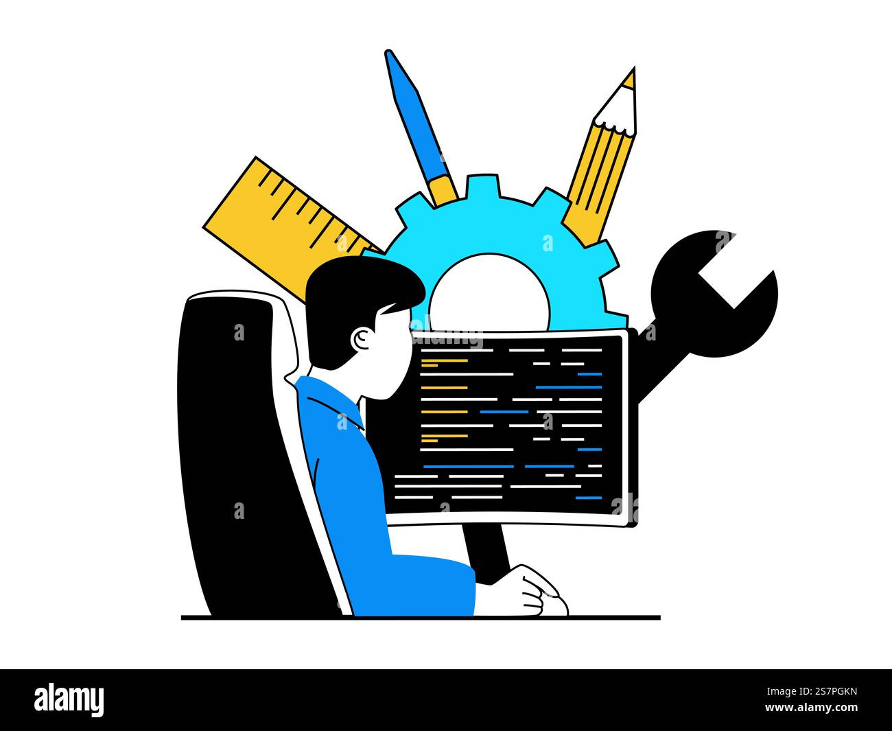 Web development concept with character situation. Man working with programming code at computer ...