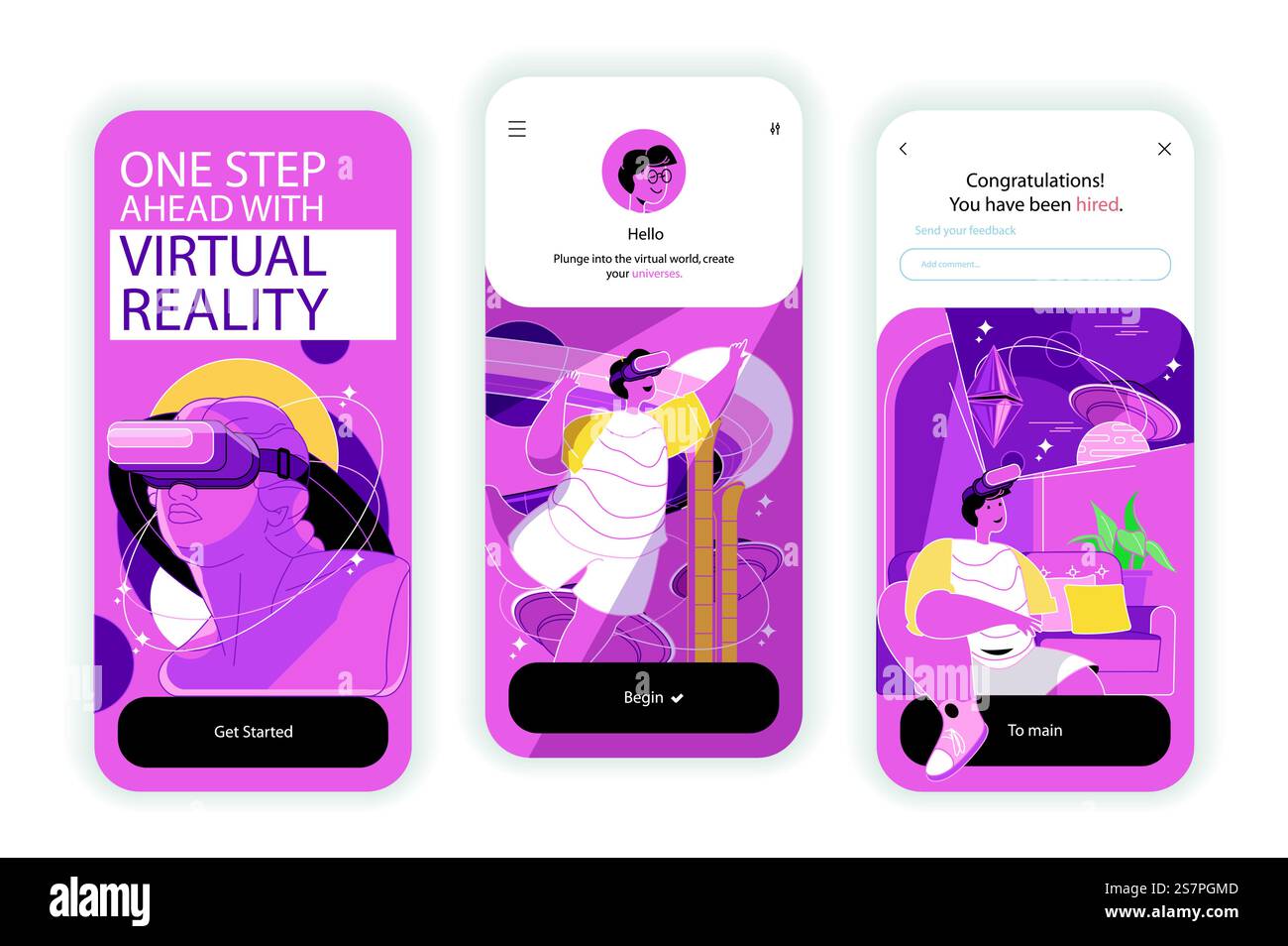 Virtual reality concept onboarding screens. Cyberspace games and augmented reality learning with ...
