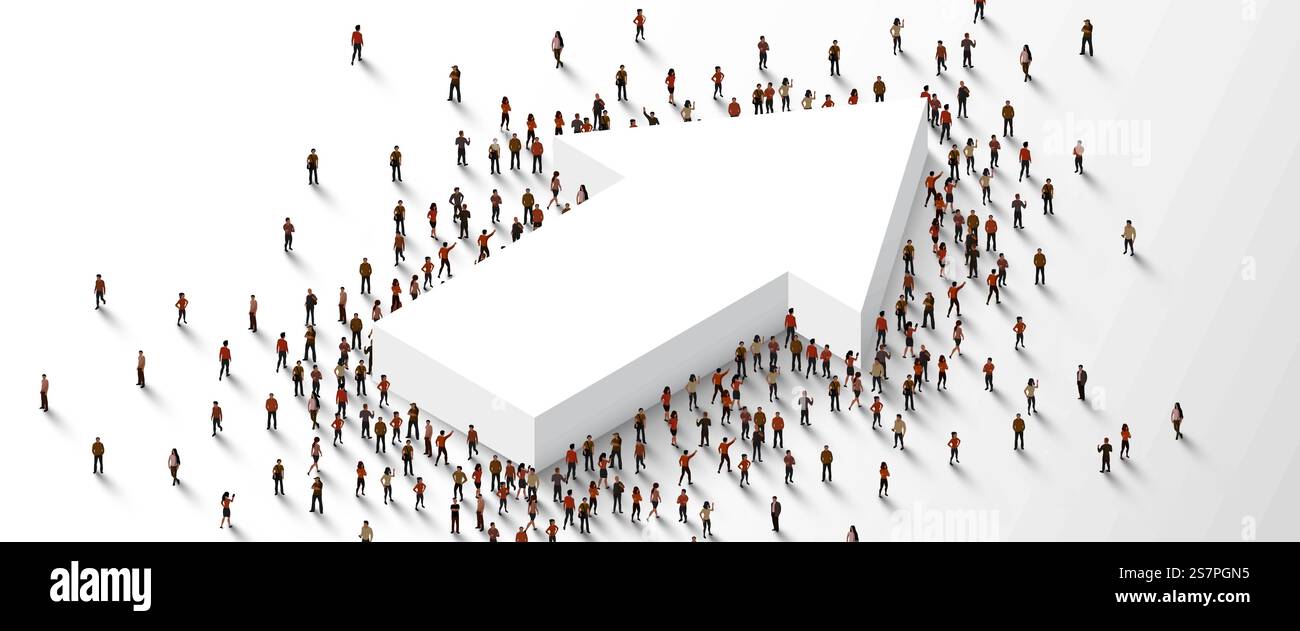 Large group of people standing around growing arrow symbol. Vector ...