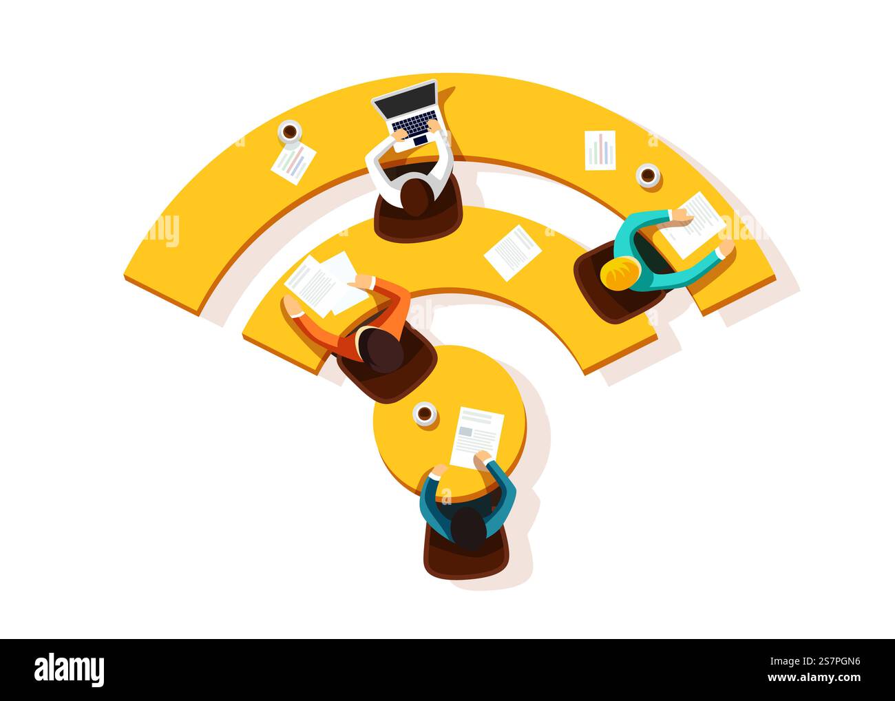 Group of Business people sit at a table in the shape of a wifi symbol ...
