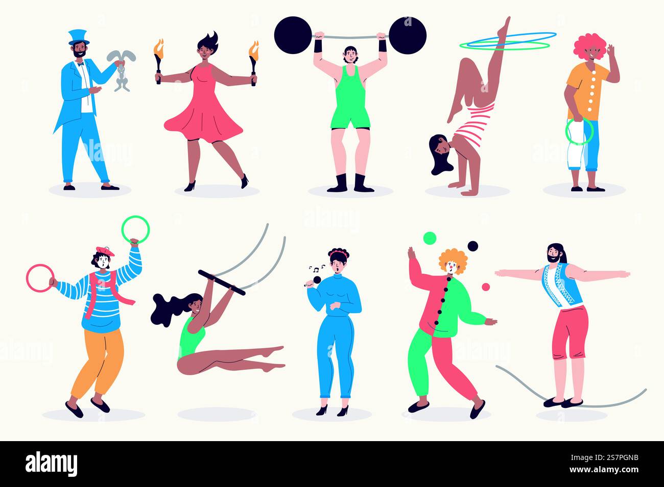 People work in circus set in flat design. Men and women performing as ...