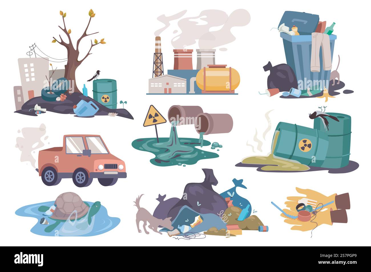 Environmental pollution set graphic elements in flat design. Bundle of ...