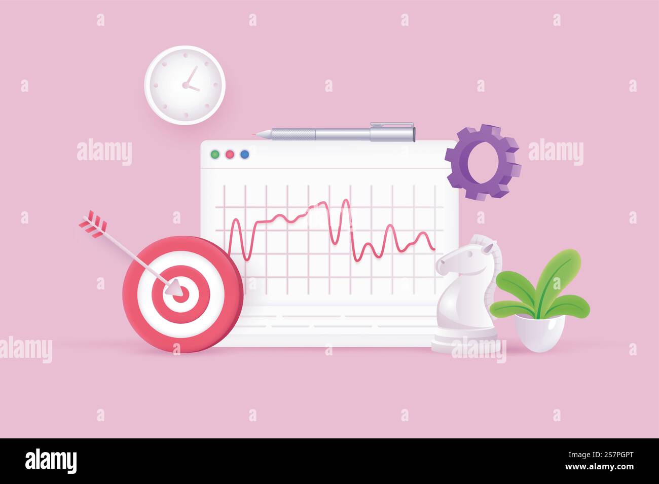 Business strategy and data analysis concept 3D illustration. Icon composition with graph, chess ...
