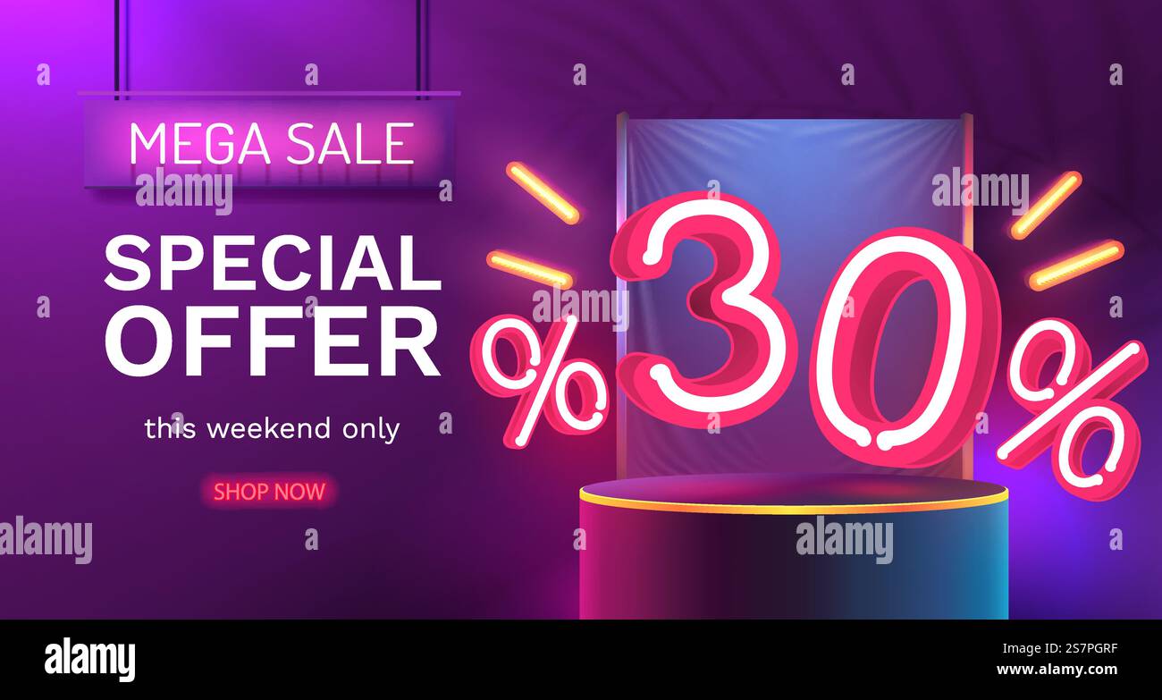 Mega sale special offer, Neon 30 off sale banner. Sign board promotion ...