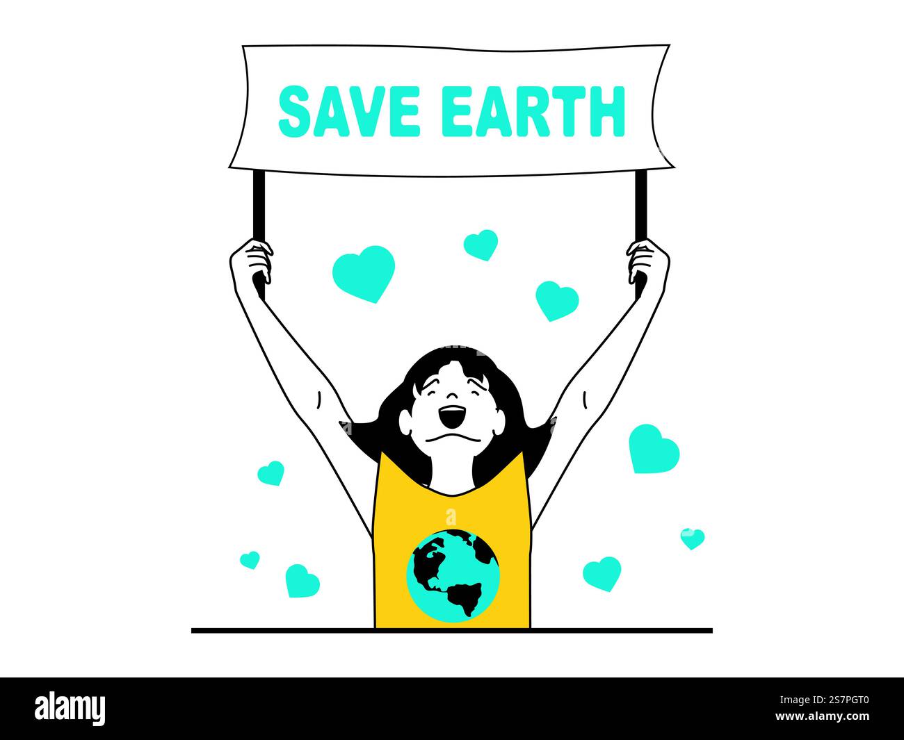 Save Earth concept with character situation. Woman eco activist holding banner with call to save ...
