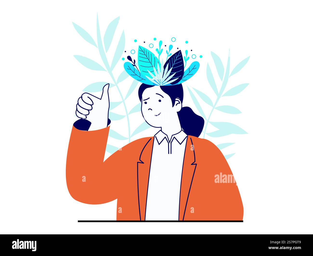 Mental health concept with character situation. Happy woman with plants ...