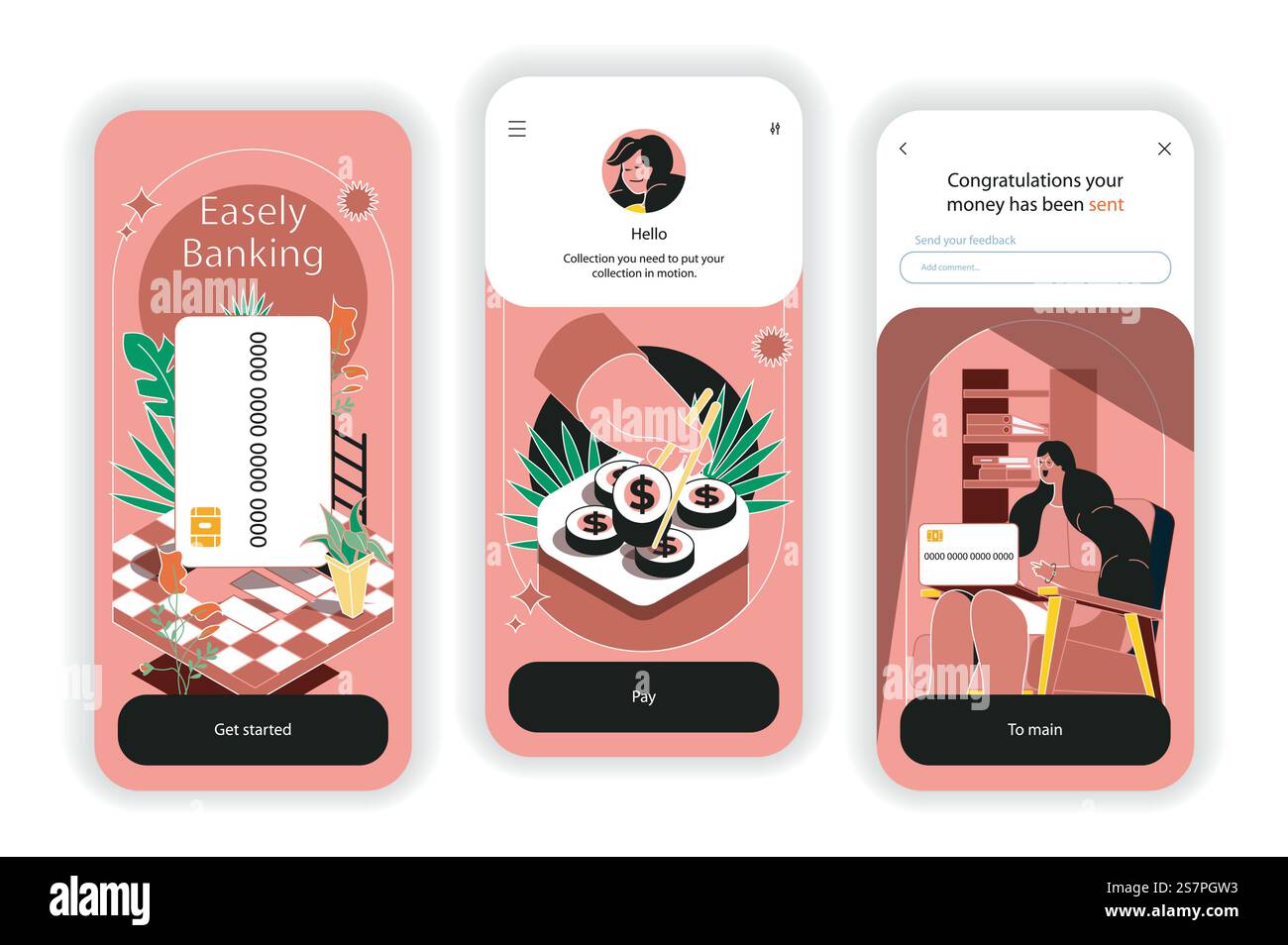 Online banking concept onboarding screens. Credit card management and financial transactions in ...