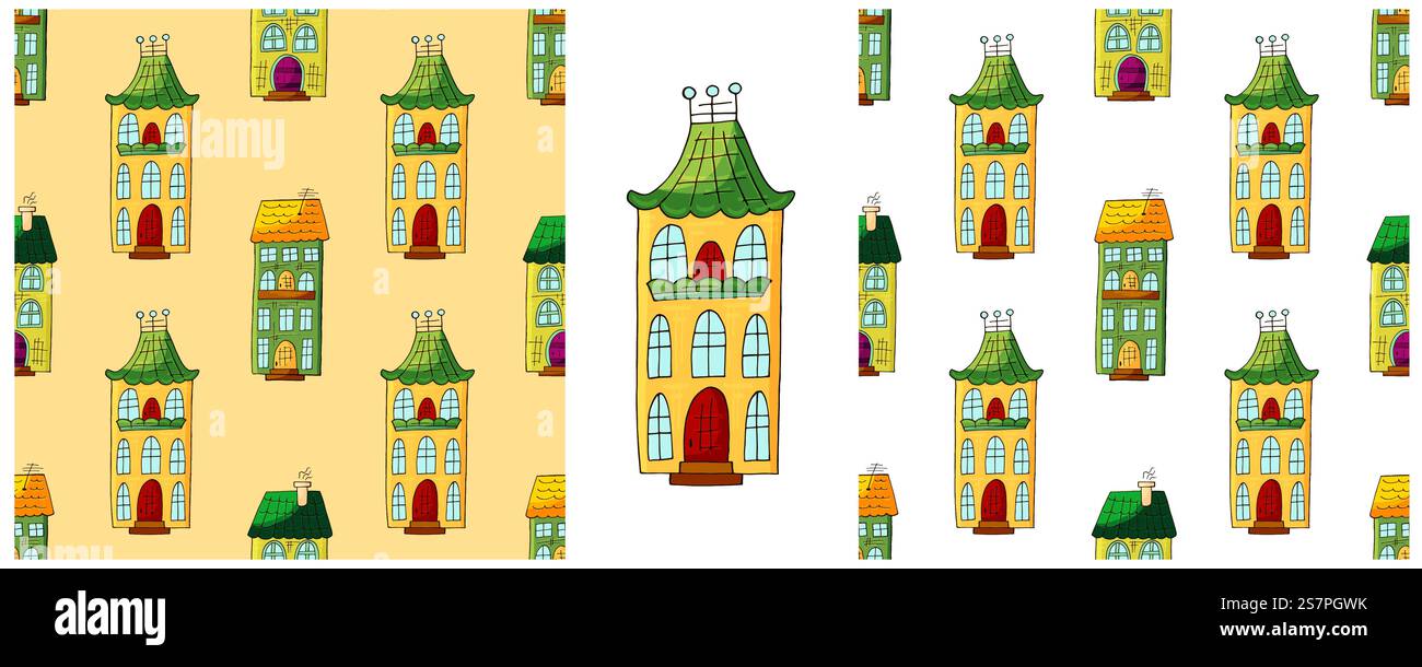 Set Seamless patterns with decorative colorful houses. Building ...