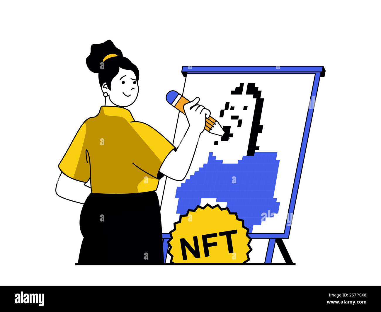 NFT token concept with character situation. Woman creates digital ...