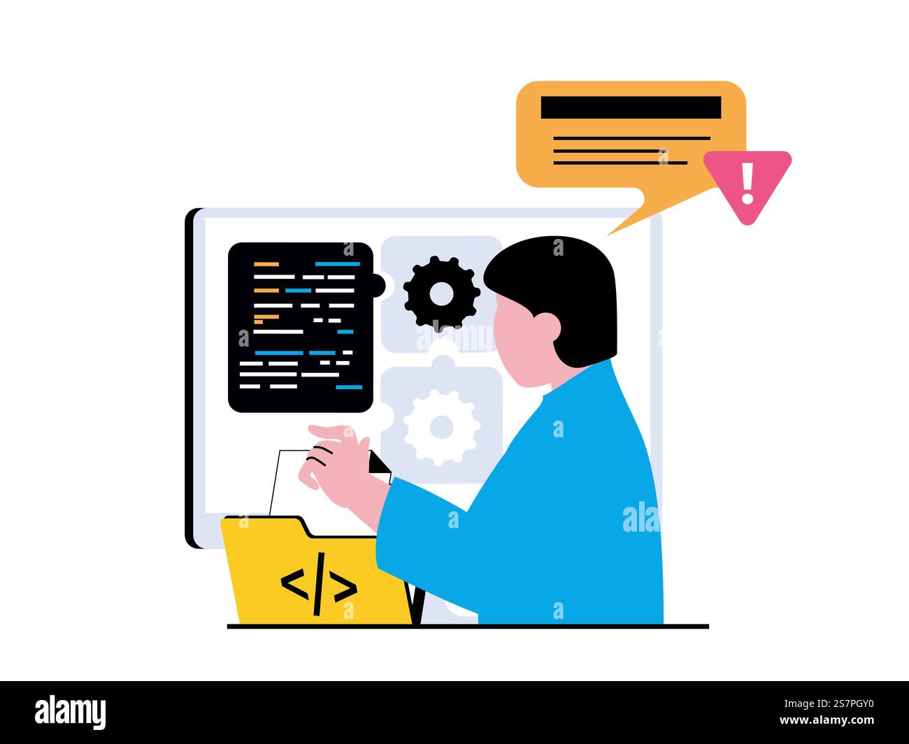 Programming software concept with character situation. Man working with code part, fixing bugs ...