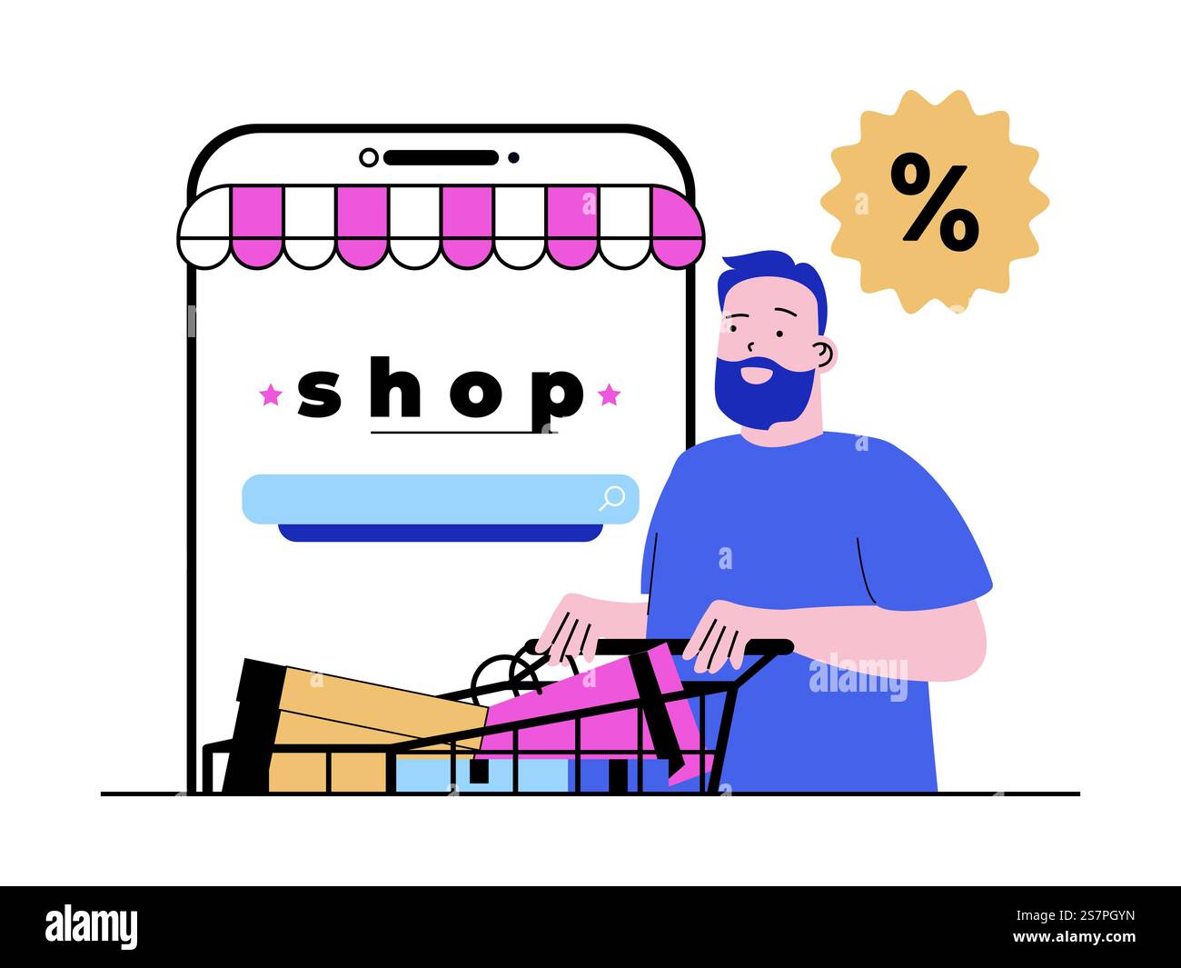 Shopping concept with character situation. Man pushing supermarket cart ...