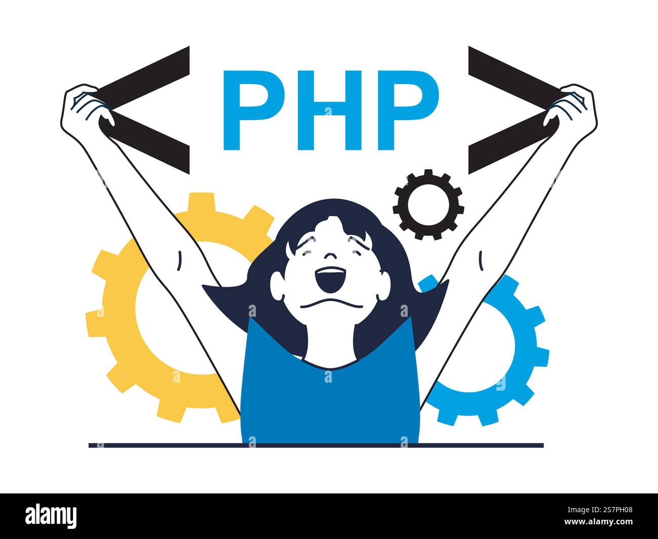 Web development concept with character situation. Happy woman working with program languages ...