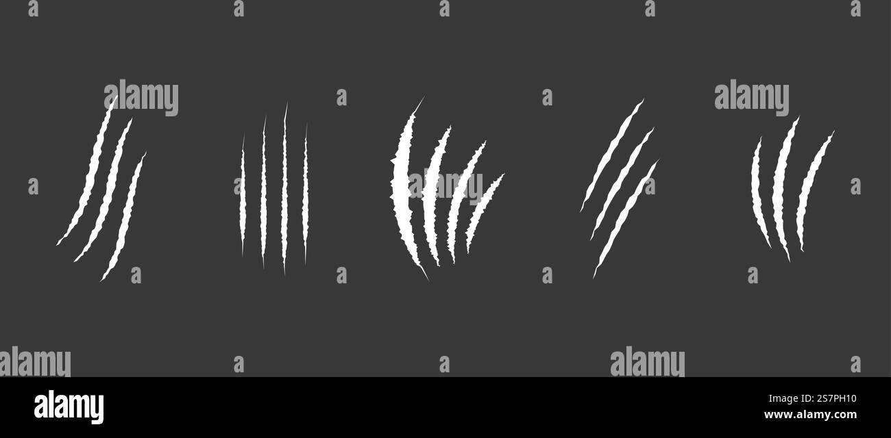 Cat scratch. Set of white bloody animal claw marks isolated on black ...