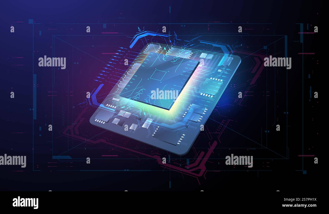 Futuristic microchip processor. Quantum computer database concept. modern CPU illustration ...