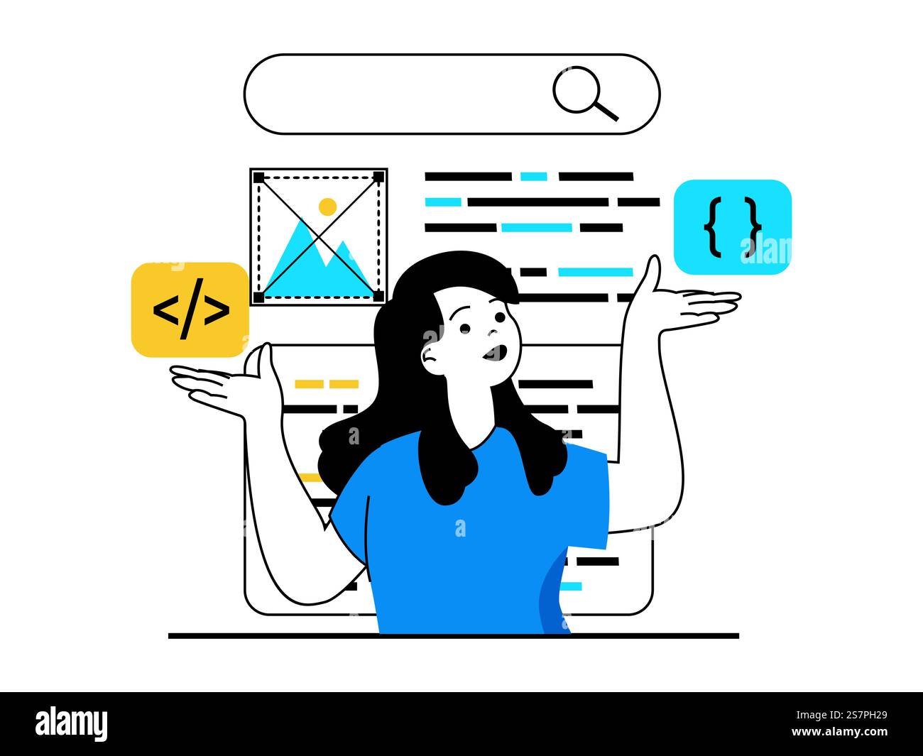 Web Development Concept With Character Situation Woman Working With Code Creates Sites