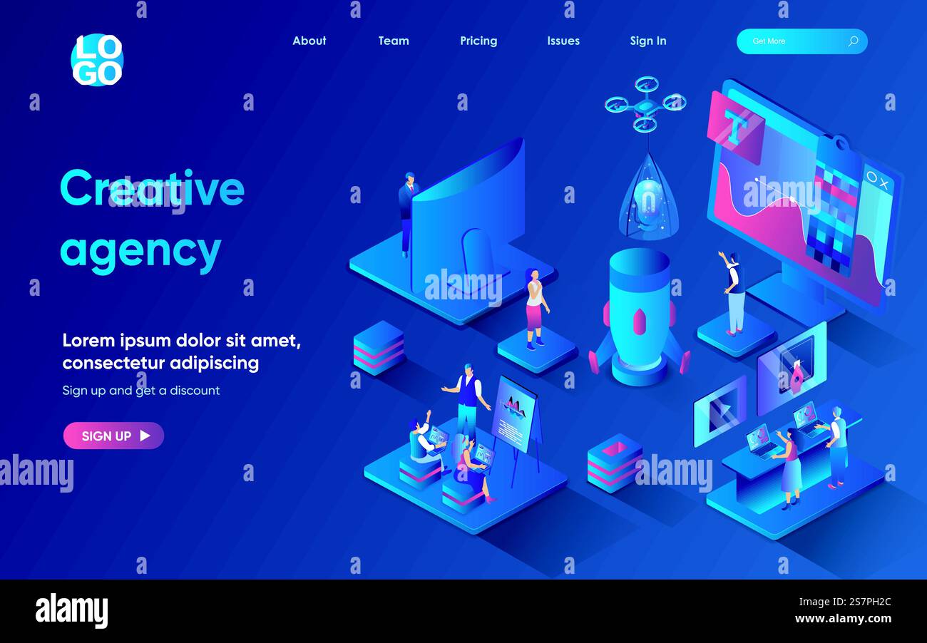 Creative agency concept 3d isometric web landing page. People work on project, analyze consumer ...