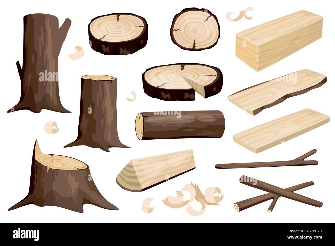 Wood logs set graphic elements in flat design. Bundle of different type of tree trunks, stumps ...