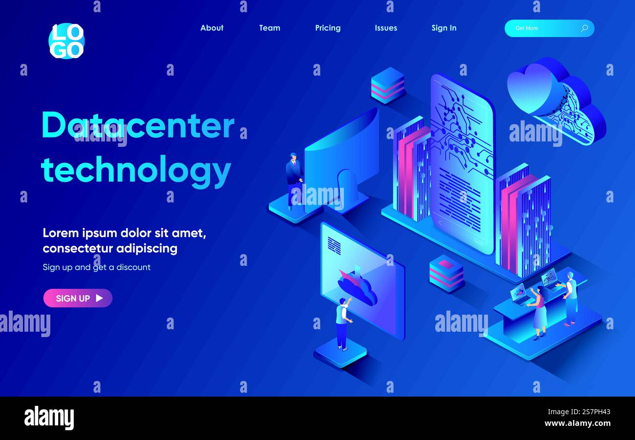 Datacenter technology concept 3d isometric web landing page. People analyze big data and work ...