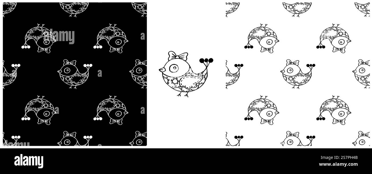Monochrome Seamless patterns. Folk bird ornament. Pattern in hand drawn ...