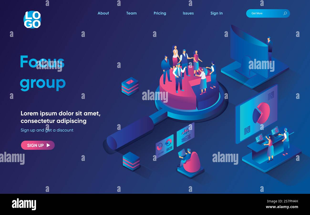 Focus group concept 3d isometric web landing page. People doing consumer and market research ...