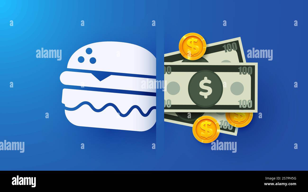 Burger and money. The cost of food. Vector illustration. Burger and ...